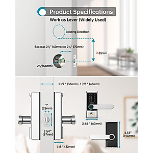 Smart Lock Keyless Entry Door- HEANTLE Fingerprint Bluetooth Electronic Lever Touchscreen Keypad Deadbolt Alternative Digital Handle for Front Door Auto Lock Compatible with Alexa Silver