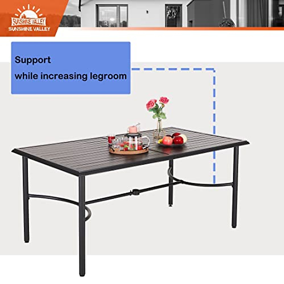 SUNSHINE VALLEY Patio Dining Chairs Set for 6, 7 Piece Wicker Outdoor Table and Chairs, Large Rectangular Metal Patio Dining Table with 1.57” Umbrella Hole Outdoor Dining Sets for Garden Backyard Lawn