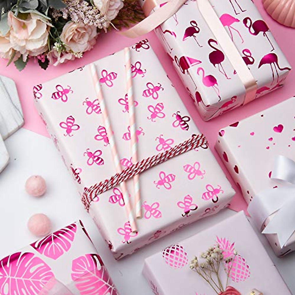 WRAPAHOLIC Wrapping Paper Sheet - Pink with Fuschia Foil Prints for Birthday, Holiday, Party, Baby Shower - 1 Roll Contains 6 Sheets - 17.5 inch X 30 inch Per Sheet