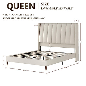 HUAHUU Queen Bed Frame with Headboard, Beige Upholstered Bed Frame Queen with Vertical Channel Tall Wingback Headboard, Wooden Slats Support, No Box Spring Needed, No-Noise, Easy Assembly