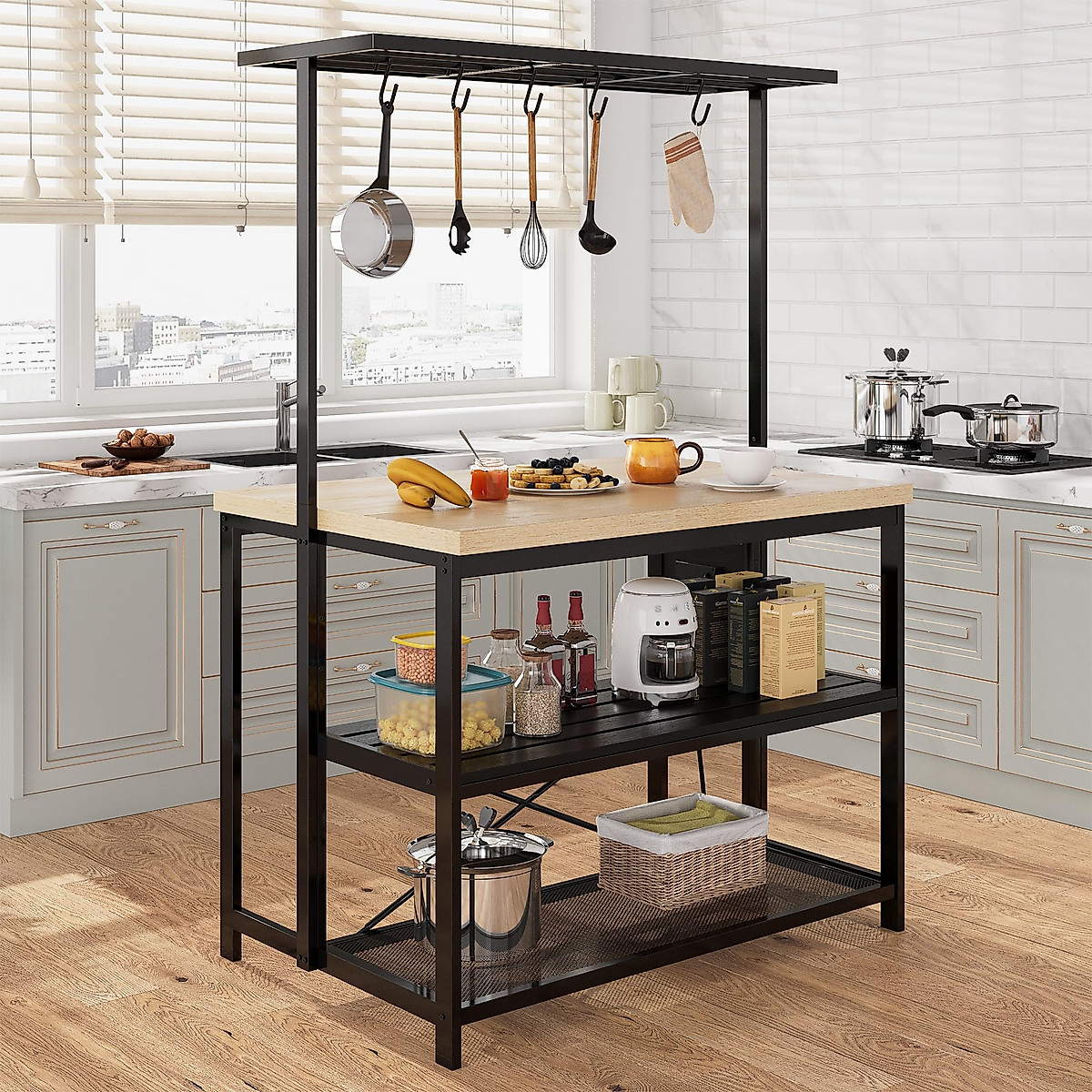 47" Large Kitchen Island Table Bakers Rack with Power Outlet and 3-Tier Storage-Microwave Stand Oven Shelf, Metal Coffee Bar Table ,Kitchen Storage Shelf for Dining Living Room, 5 Hooks，47"*28"*72"