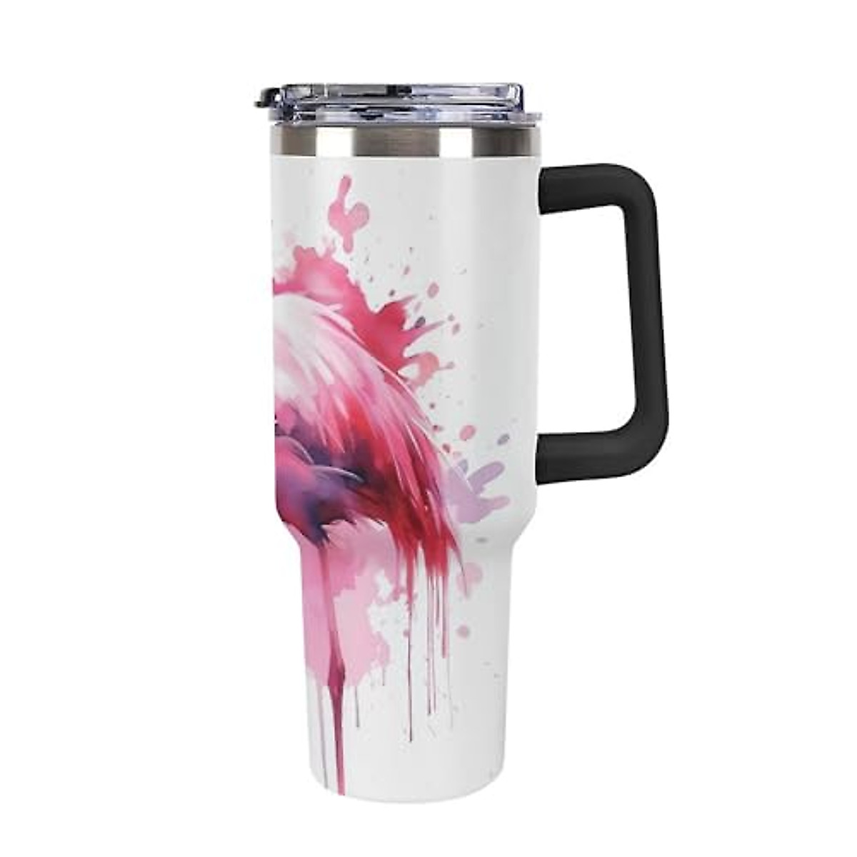 YTLKGFP 40 Oz Large Capacity Car Cup Flamingo Watercolor Tumbler with Handle (Black) Straw Lid Insulated Stainless Steel Water Bottle Travel Mug Leak-proof Car Cup Keeps Cold Or Hot