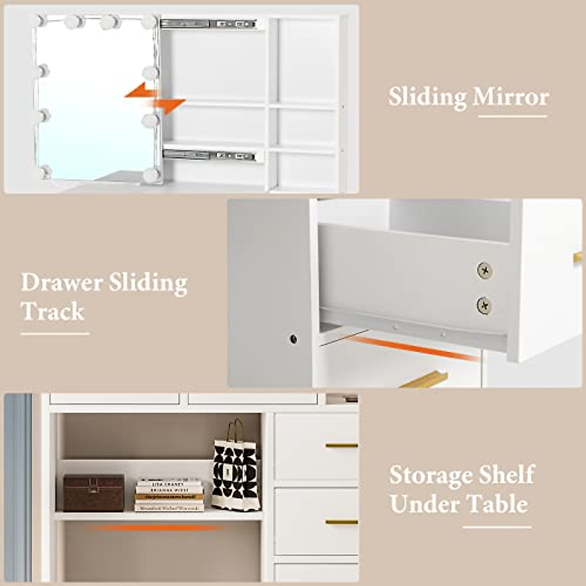 Tiptiper Makeup Vanity with Lights, Vanity Table with Charging Station, Vanity Desk with Sliding Mirror and 10 LED Light Bulbs, Makeup Table with 5 Drawers, Hidden and Open Storage Shelves, White
