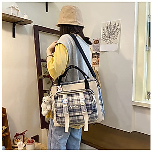 Kawaii Backpack with Plush Bear Pendant, Cute Plaided Japanese Ita Handbag Crossbody Shoulder Bag Aesthetic Tote Bag (Black)