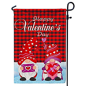 Happy Valentines Day Garden Flag , Gnome Burlap Flag 12x18 Inches for Yard Outdoor Outside Hanging Decorations Vertical Flag