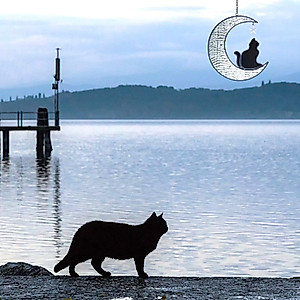 HXFRTYU Cat Memorial Gifts, Cat on Moon Stained Glass Window Hangings, Black Cat Halloween Decor Suncatcher Gifts for Cat Lovers, Loss of Cat Sympathy Gift, Cat Christmas Ornament for Cat, Pet Lovers