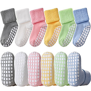 LANLEO Baby Girls Boys Non Slip Socks with Grips Toddler Kids Unisex Warm Thick Cotton Ankle Crew Socks with Grippers 6 Pairs Color A,3-12 Months