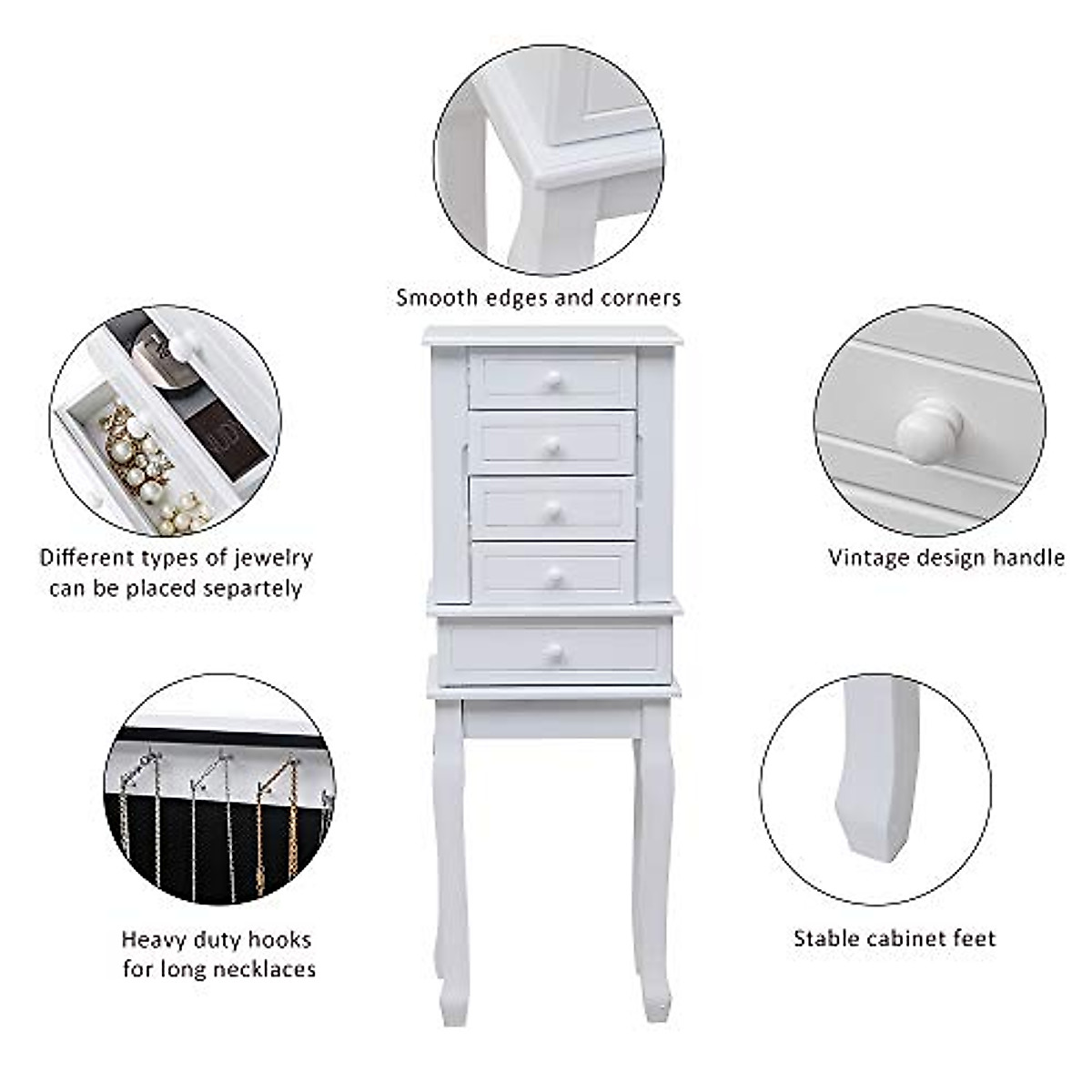 WEI WEI GLOBAL Standing Jewelry Armoire w/Top Flip Makeup Mirror, Wooden Jewelry Cabinet Chest Organizer, Stand Up Storage Display Box- 5 Drawers & 14 Necklace Hooks, White