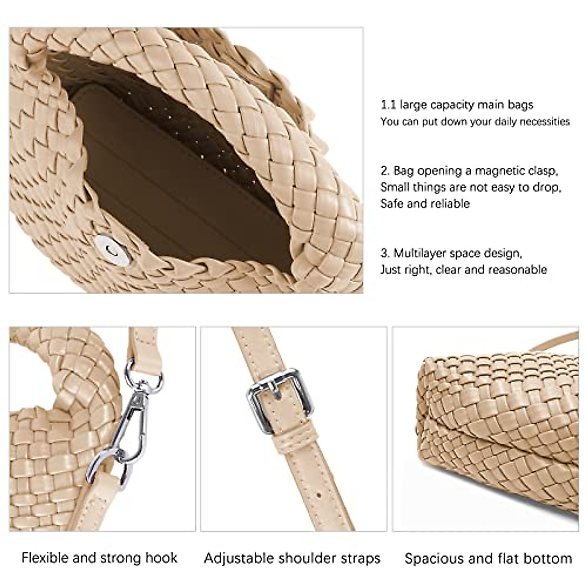 Women Woven Tote Small Crossbody Bag, Weave Quilted Purse Square Shoulder Bag Woven Handbag with Detachable Strap (Khaki)