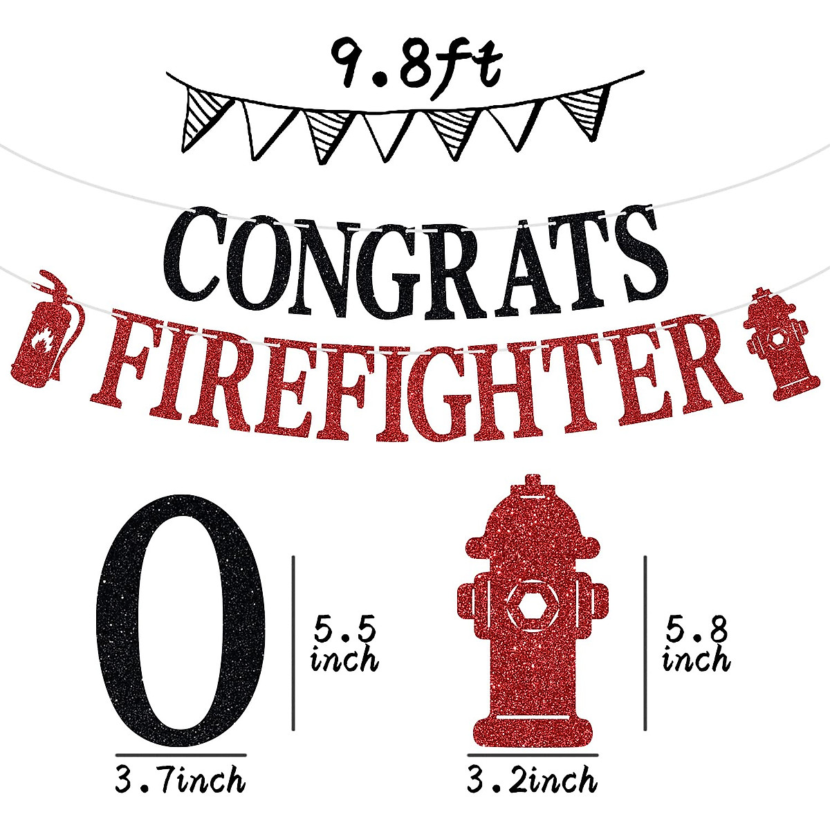 Congrats Firefighter Banner, Class of 2024/Congrats Grad, Fire Department Graduation Party Decoration Supplies for Fireman, Black and Red Glitter