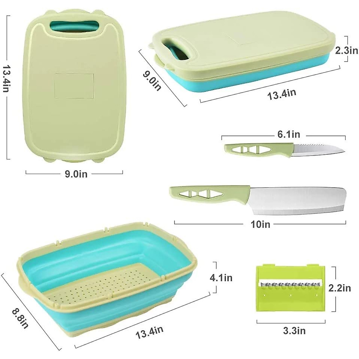 AJH3 ESSENTIALS 9-in-1 Collapsible Cutting Board with Colander and Prep Tub: The Ultimate Meal Prep Station for Any Occasion (Blue/Green)
