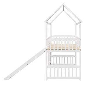BOVZA Twin Size House Loft Bed with Convertible Slide and Ladder, Low Loft Bed with Roof and Guardrails, Wood Loft Bed Frame for Kids Boys Girls Teens, White