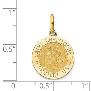 Solid 14k Yellow Gold Round Catholic Patron Saint Christopher Brushed Matte Finish Pendant Charm - 23mm x 15mm