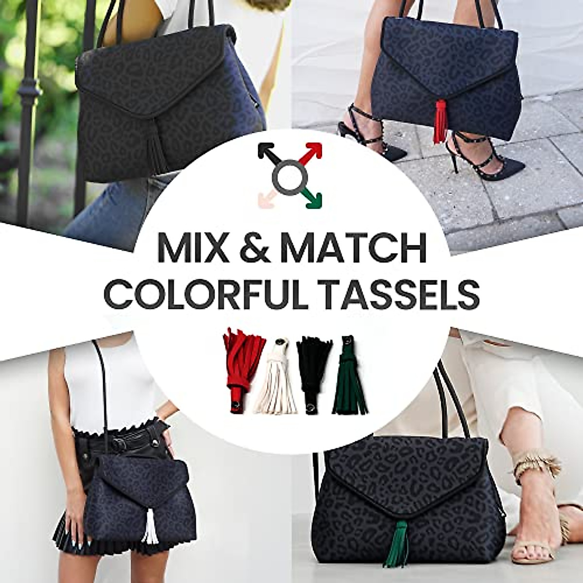 Cris Tassel Neoprene Tote Bag for Women - Crossbody Purse and Shoulder Bag - Neoprene Bag Leopard Print - Interchangeable Tassel Colors - Multipurpose Travel Purse, Beach Bag, Gym Bag, Pool Bag