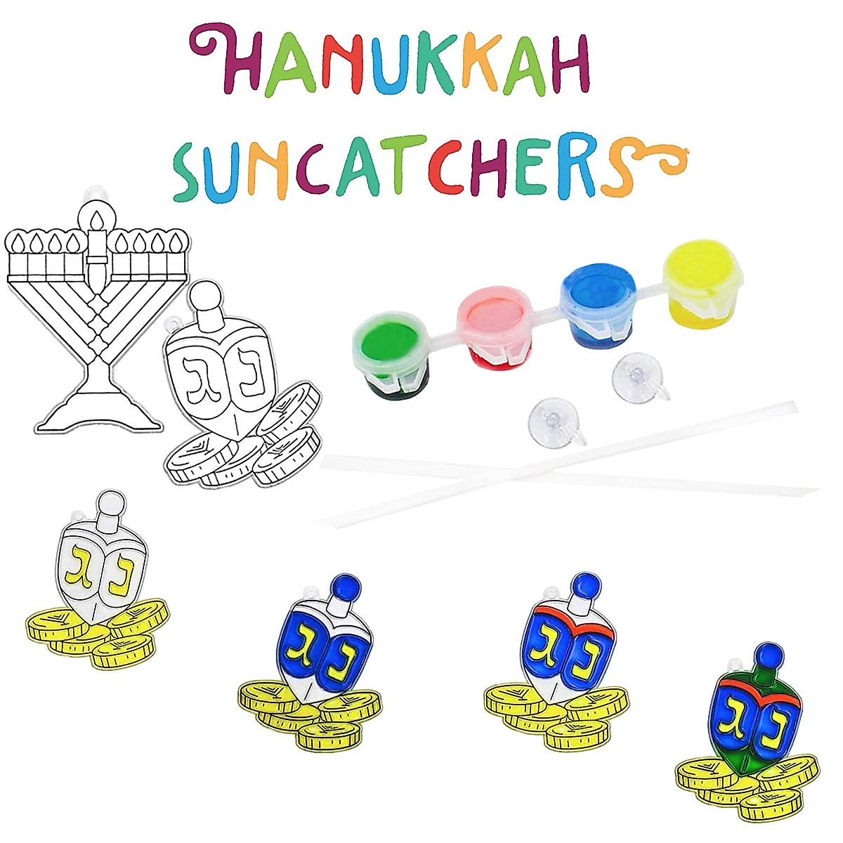 The Dreidel Company Hanukkah Suncatcher, Stained Glass Look, Chanuka Decorations, Paint Your Own Menorah and Dreidel, Fun and Educational (Single)