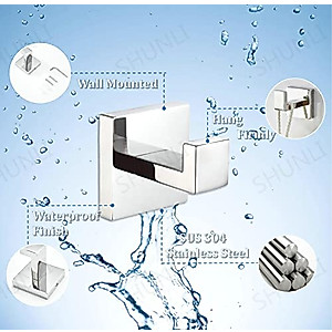 SHUNLI Bathroom Towel Hook Coat Robe Hooks, Heavy Duty Wall Hooks, Wall Mounted Square Bath Hook, Chrome, SUS304 Stainless Steel (2 Pack)