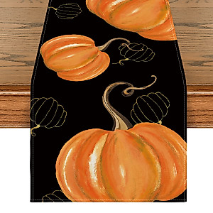 Artoid Mode Watercolor Orange Pumpkins Hollow Squashes Thanksgiving Table Runner Black, Seasonal Fall Harvest Halloween Kitchen Dining Table Decoration for Indoor Outdoor Home Party Decor 13 x 72 Inch