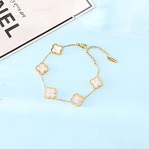 Link Bracelets for Women Girls Trendy Bracelet Cute Plated 18K Gold Lucky Adjustable Clover Link Bracelets Mother's Day Christmas Gift Jewelry (White)