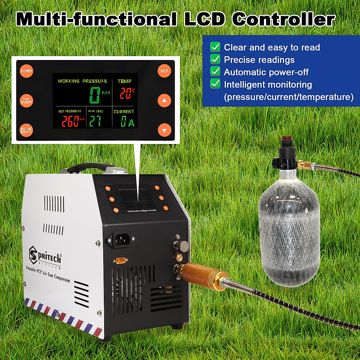 PCP Air Compressor,LCD Display Version Auto-shutoff 4500Psi/30Mpa Oil/Water-Free Set-pressure Paintball Tank Pump with Water/Oil Separator,Built-in Power Adapter