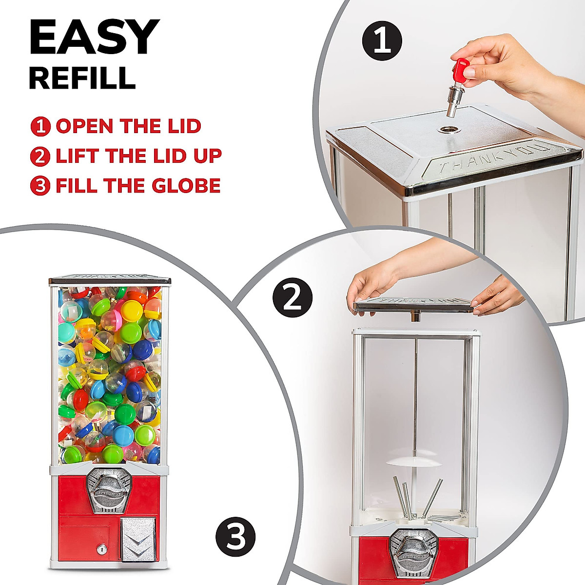 Vending Machine - Big Capsule Vending Machine with Stand - Prize Machine - Commercial Vending Machine for 2 Inch Round Capsules Gumballs Bouncy Balls - Red