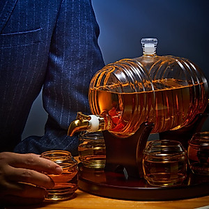 Whiskey Barrel Decanter Set - Liquor Dispenser Birthday Valentine's Day Gifts Ideas for Men Husband - 1350ML Decanter with 4 Whiskey Glasses for Alcohol, Bourbon, Scotch, Vodka, Tequila, Wine
