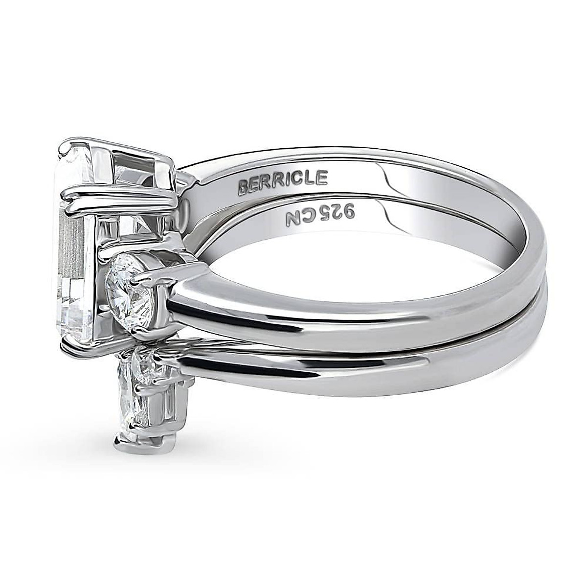 BERRICLE Sterling Silver 3-Stone Wedding Engagement Rings Emerald Cut Cubic Zirconia CZ 7-Stone Ring Set for Women, Rhodium Plated Size 8