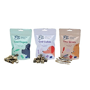 Eli Natural Fish Mix 3 Pack - Naturals Premium Dog Treats, Cod Skin Dental Treats, Rich in Protein & Omega 3, Low in Fat, Grain Free, Single Ingredient, Hypoallergenic, Gluten Free, Baltic Sprats