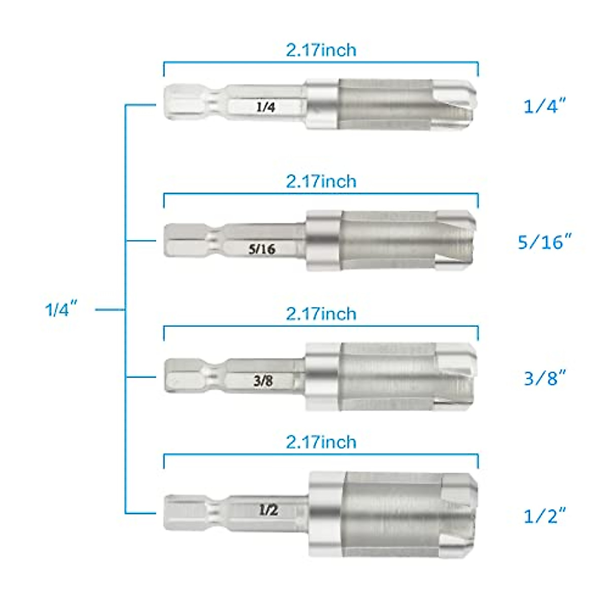 Wood Plug Cutters, 8 Pcs Straight and Tapered Plug Cutter Set 1/4", 5/16”, 3/8", and 1/2" Taper Cutting Tool Cork Drill Bit Knife Set with 1/4 Hex Shank