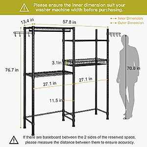 Ulif over Washer and Dryer Shelves, Laundry Room Storage Rack, Laundry Space Saver with Wire Basket and 2 Hooks, 57.8" L x 13.4" D x 76.7" H, Black