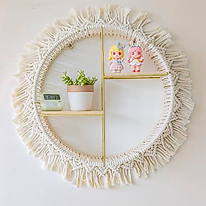 Diocos Boho Round Wall Shelf Macrame Floating Shelf Circle Decorative Storage Shelves Crystal Display Rack