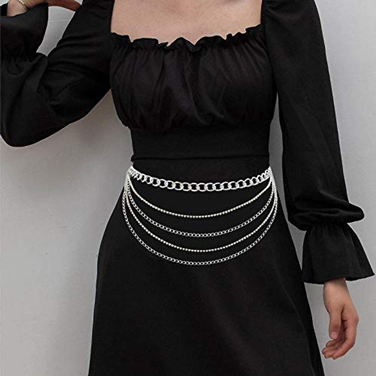 Reetan Sparkly Rhinestone Chain Belt Layered Boho Waist Chain Rave Belly Chain Nightclub Body Jewelry Accessories for Women (Silver)