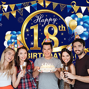Happy 18th Birthday Banner Decorations for Men - Blue Gold 18 Birthday Backdrop Party Supplies - 18 Year Old Birthday Photo Background Sign Decor