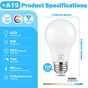 Maylaywood A19 LED Light Bulbs Dimmable, 60W Equivalent LED Bulbs, 5000K Daylight White, E26 Standard Base, 900LM, 9W Bright White LED Bulb, 4-Pack
