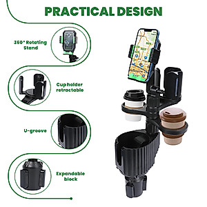 Cup Holder Expander for Car,5-in-1 Car Cup Holder Expander with Detachable Car Phone Holder,Dual Cup Holder&Adjustable Base Essential Car Accessories for Travel, for Water Glass,Fried Chicken Bucket.