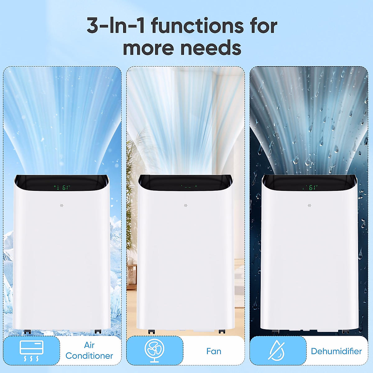 12,000 BTU Portable Air Conditioner Cools Up to 500 Sq.Ft, 3-IN-1 Energy Efficient Portable AC Unit with Remote Control & Installation Kits for Large Room, Campervan, Office, Temporary Space