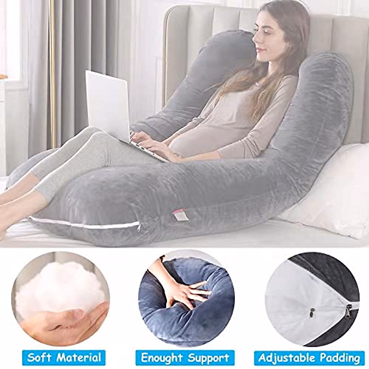 Creatop Pregnancy Body Pillows with Velvet Cover, U Shaped Full Body Pillow, Long Maternity Pillow, Support for Back, Neck, Legs, Hip and Belly Removable Washable Cover, 55 inches Black