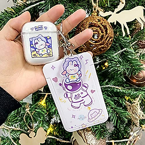 Fycyko Compatible with AirPods 2 Case Clear Cute Cartoon Rabbit Keychain Protective Cover Space Astronaut Purple Pattern Card Cover Credit Card ID Window Design for AirPods 2 &1