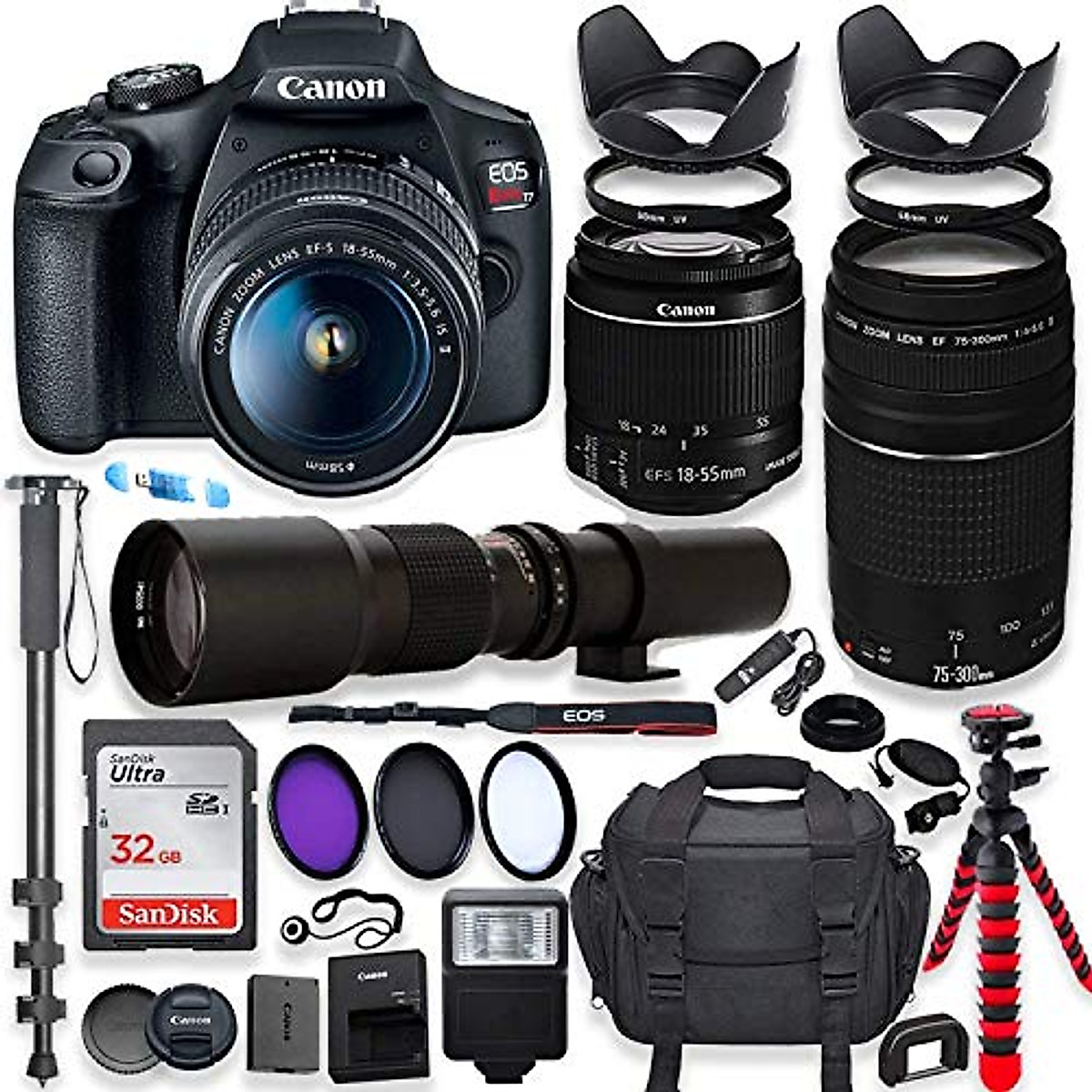 Canon EOS Rebel T7 DSLR Camera with 18-55mm is II Lens & Canon EF 75-300mm f/4-5.6 III Lens Bundle + 500mm Preset Lens + 32GB Memory + Filters + Professional Bundle (Renewed)