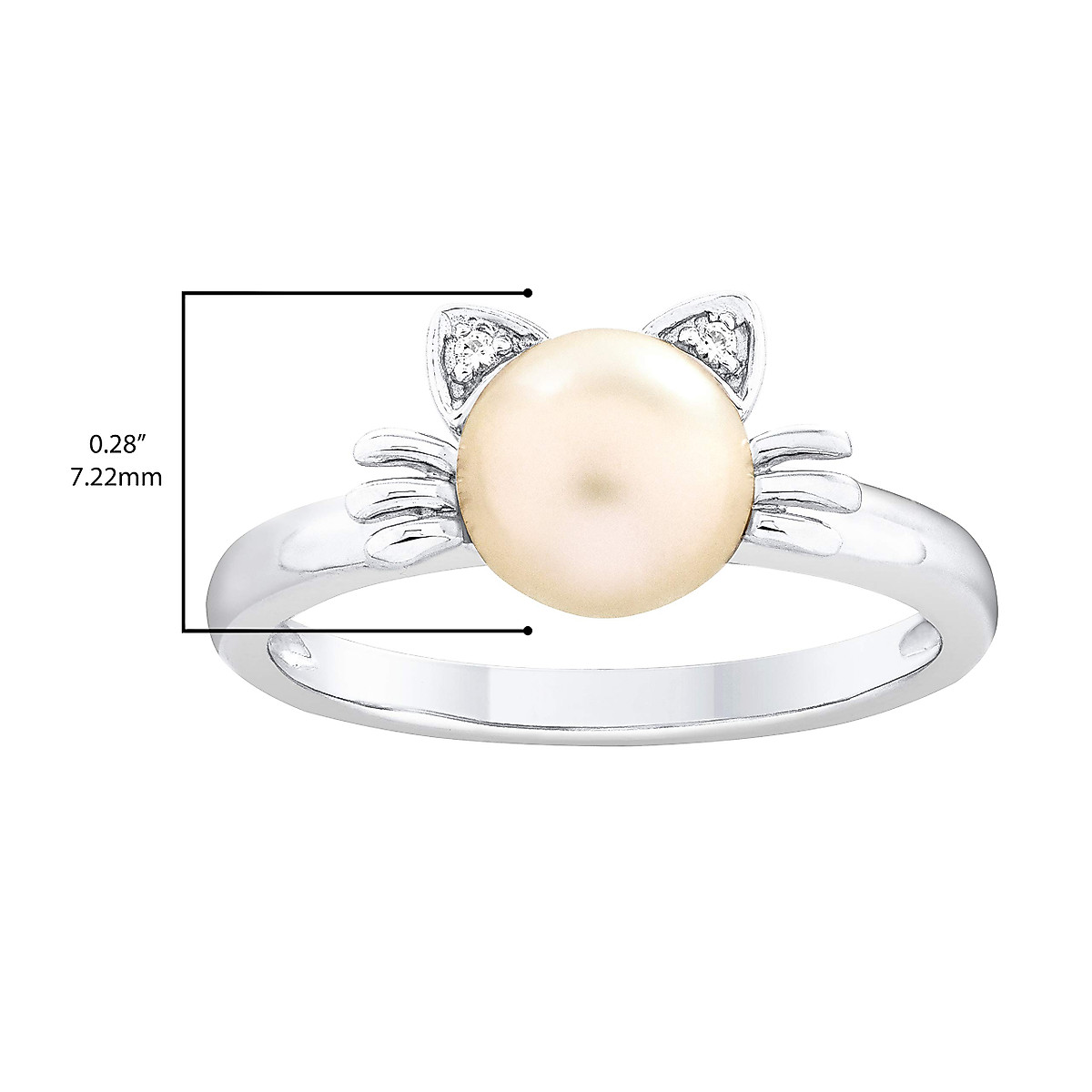 Lexi and Rose .925 Sterling Silver, 7.0mm White Freshwater Cultured Pearl & Lab Grown White Sapphire Kitty Cat Statement Ring - Size 9