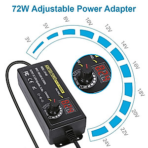 72W Power Supply Adjustable DC 3V ~ 24V Variable Universal Switching AC/DC Adapter 100V-240V AC to DC Converter with LED Voltage Display and 14 Tips, for 3V to 24V Household Electronics - 3000mA Max