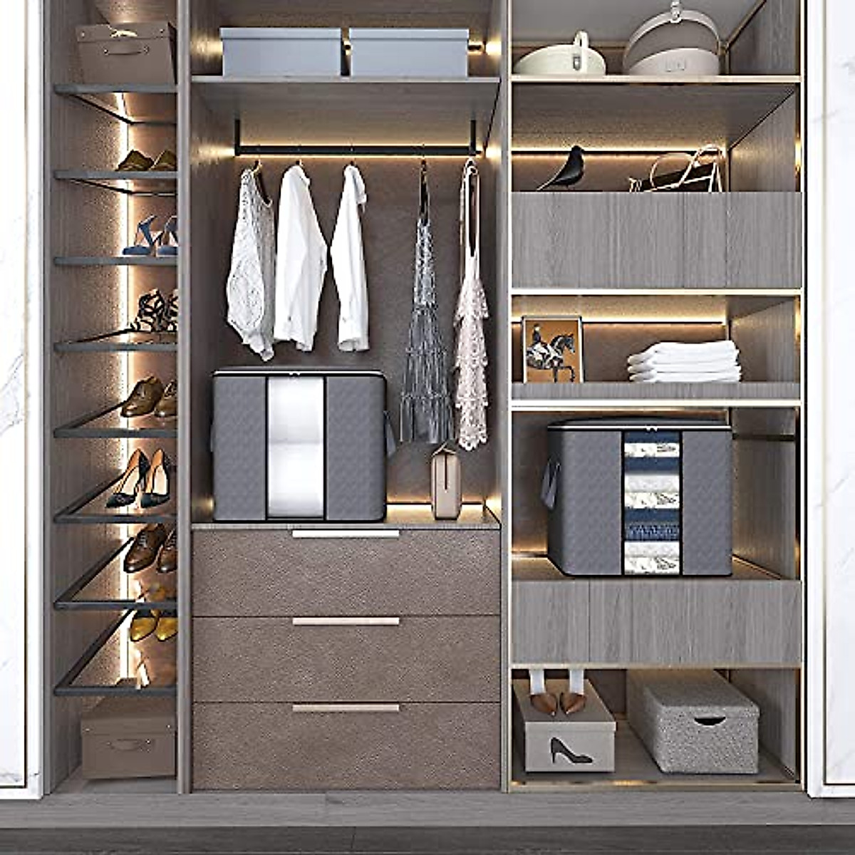 Clothing Storage Bag,1 Pack Large Capacity Clothes Storage Bag Organizer with Reinforced Handle Thick Fabric for Comforters,Blankets,Bedding,Foldable with Sturdy Zipper,Clear Window, 90L,Grey (1 Pack-19.7 x 19.7 x 14.2 inches)