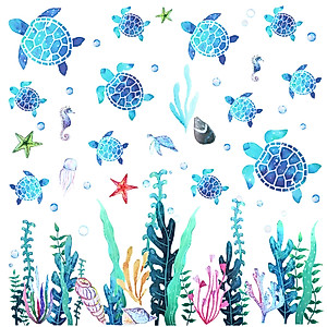 Marspark Under the Sea Wall Decals 3 Sheets Sea Turtle Wall Stickers Ocean Animal Wall Art Decals Underwater Ocean Grass Colorful Seaweed Decals Bubbles Vinyl Wall Sticker for Bedroom Living Room Home