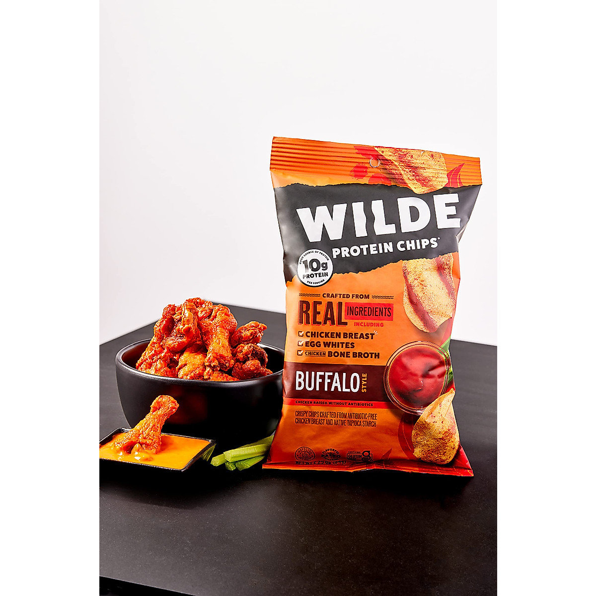 WILDE Buffalo Protein Chips, Thin and Crispy, High Protein, Keto Friendly, Made with Real Ingredients, 2.25oz Bags (Pack of 3)