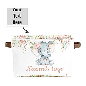 Joyestore Pink Flower Elephant Personalized Storage Bins ,Baskets Cubes Organizer with Handle for Shelves Closet Nursery Toy 4 Packs