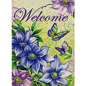 Selmad Spring Vintage Flower Garden Flag Double Sided, Welcome Quotes Purple Lily Butterfly Summer Yard Decoration, Burlap Seasonal Outdoor Décor Flag 12.5 x 18