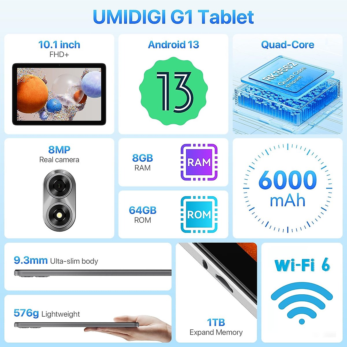 UMIDIGI G1 Tab Android 13 Tablet 2024, 8（4+4） GB+64GB 1TB Expand, Wi-Fi 6 Model, 10.1 inch Tablet with Quad-Core Processor up to 2.0 GHz, 6000mAh, Dual Camera, BT, 1280 * 800 HD IPS Touch Screen