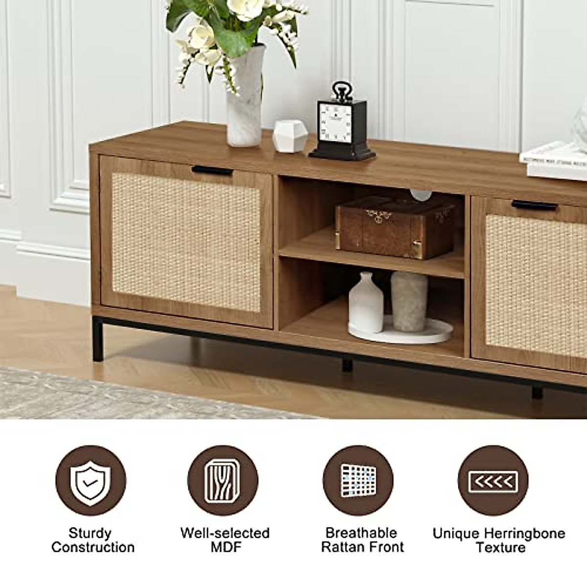 Anmytek Farmhouse Rattan TV Stand for 65 Inch TV Rustic TV Console Table with 2 Rattan Doors Modern Entertainment Center for Living Room Bedroom H0033