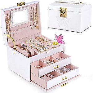 Jewelry Box for Girls Women, Jewelry Organizer Box 3 Layer with PU Leather, White Travel Jewelry Case with Mirror for Earring Ring Bracelet Necklace, Best Gift for Girls(Rose Lock & Butterfly Print)