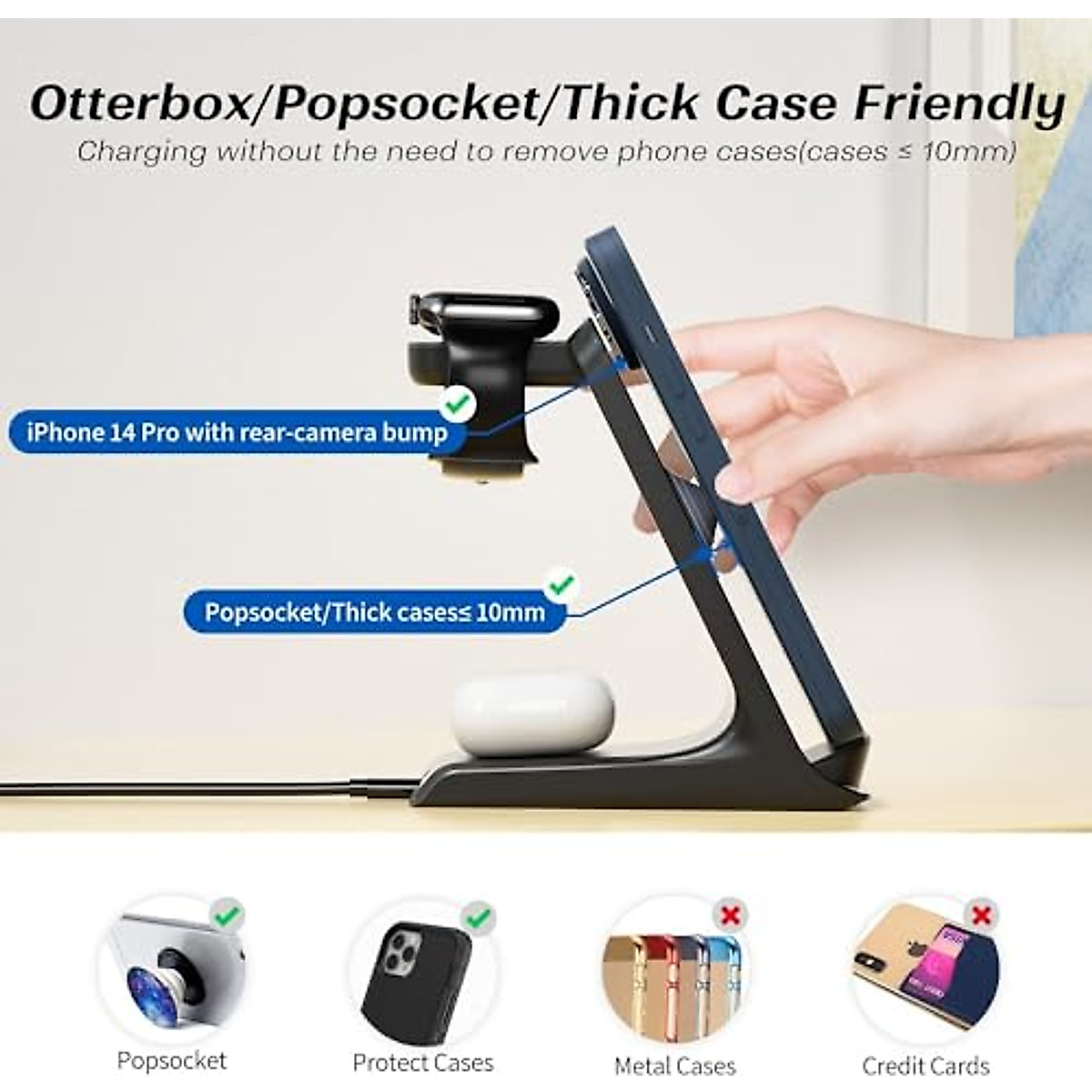 KPON Charging Station for Popsocket/Otterbox Compatible, 3 in 1 Wireless Charger for Thick Cases of 0.39 inch, Multiple Devices for iPhone 15/14/13/12/11/Apple Watch/Airpods
