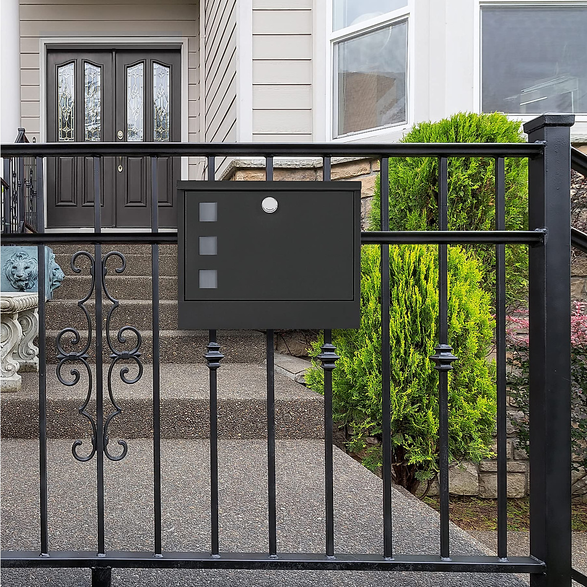 LAND·VOI Locking Mailbox Wall Mounted, Metal Postbox with Three Sets of Mail Box Number Stickers, 4 Keys, 14.4" x 4.5" x 11.2", Large Capacity, Black, AMB11B
